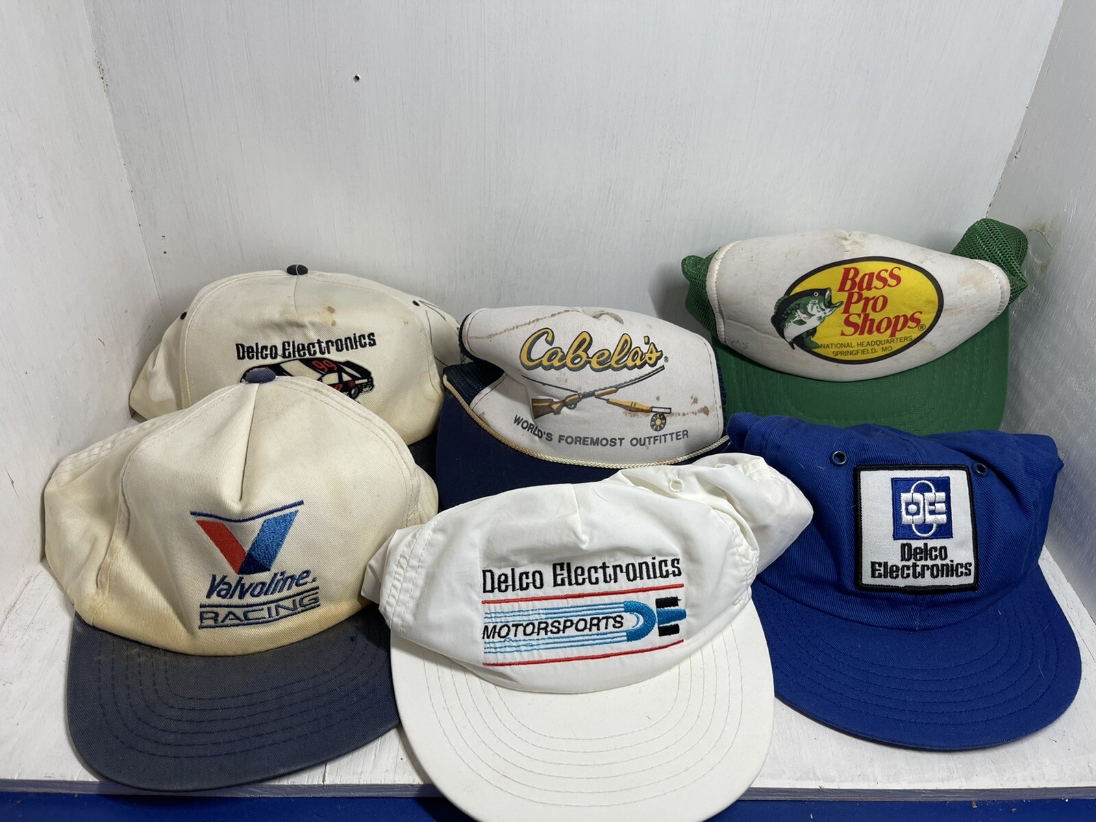 6 Vintage Hats Delco , Bass Pro, Cabelas, Valvoline S… - Gem
