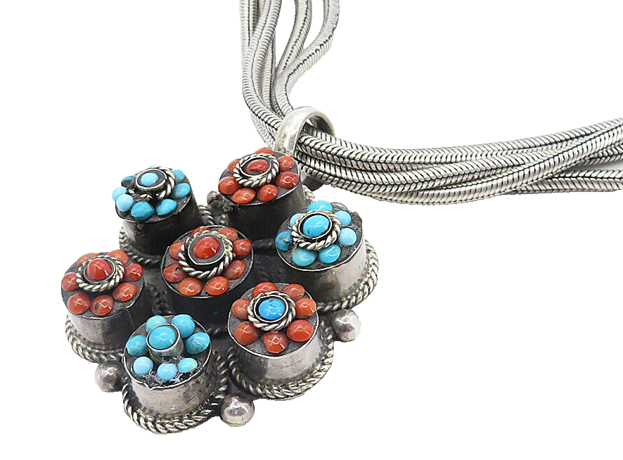 MIDDLE EAST 925 Sterling Silver Vintage Turquoise & Coral Chain ...