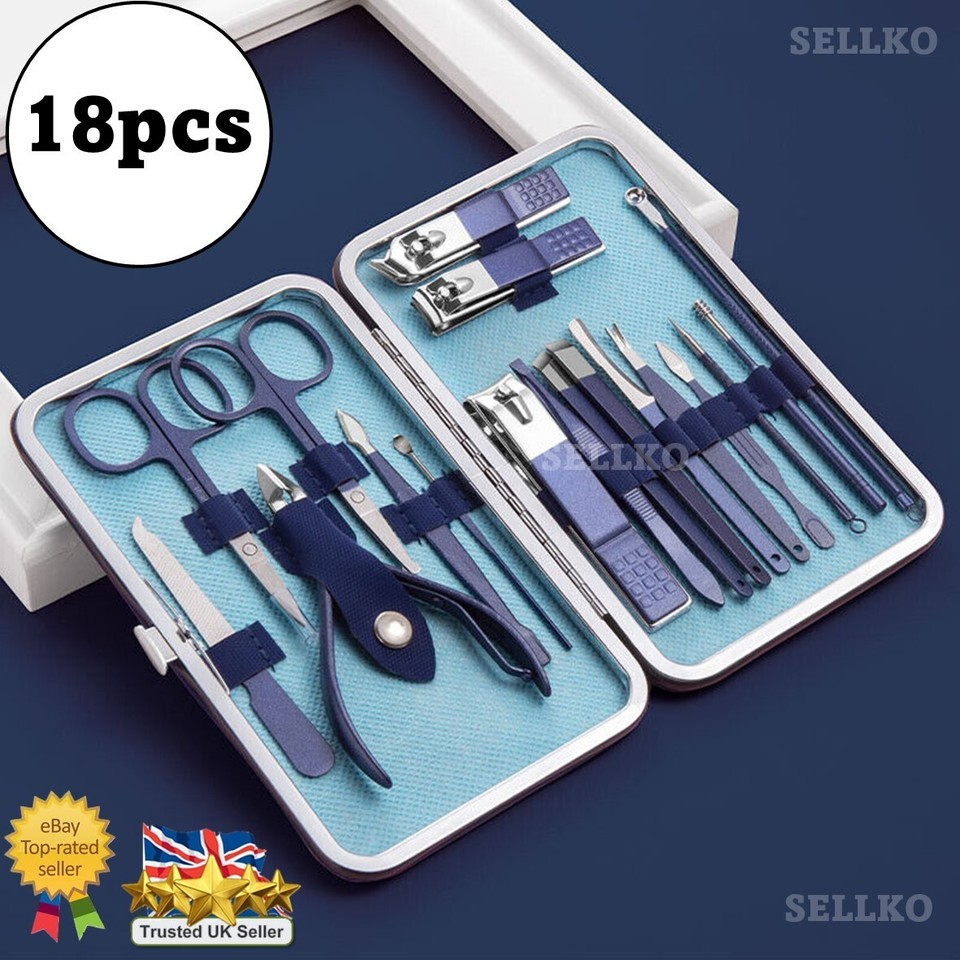 18 Pcs Navy Manicure Pedicure Cuticle Kit Nail Care Clipper Cutter Case ...