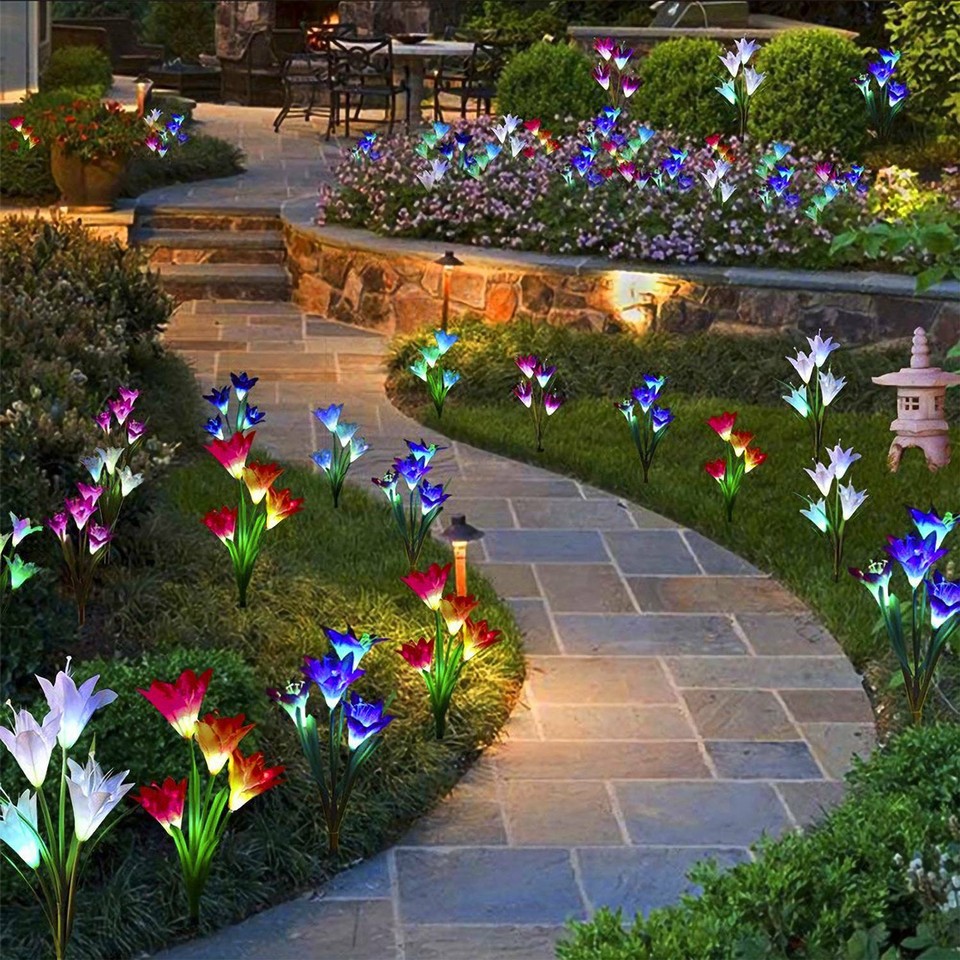 2PCS Solar Lily Flower Garden Lights LED Outdoor Pathway Yard Decor ...