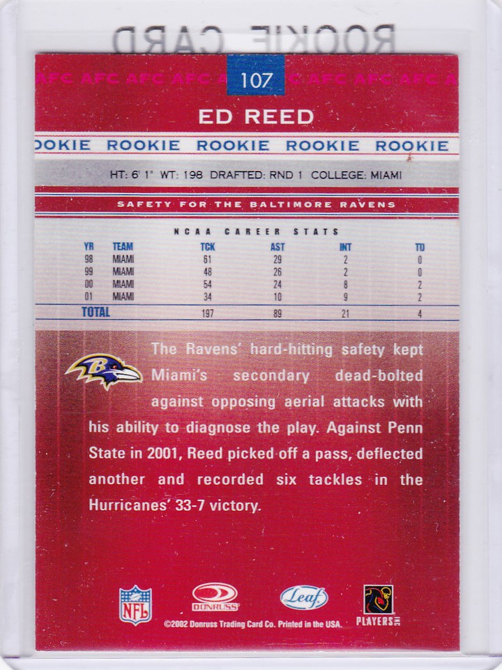 ED REED ROOKIE CARD 2002 Baltimore Ravens Leaf R&S Football Edward RC ...