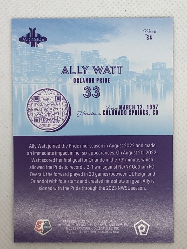 2023 Parkside NWSL V1 | #34 Ally Watt Orlando Pride | Base - Fresh! | eBay