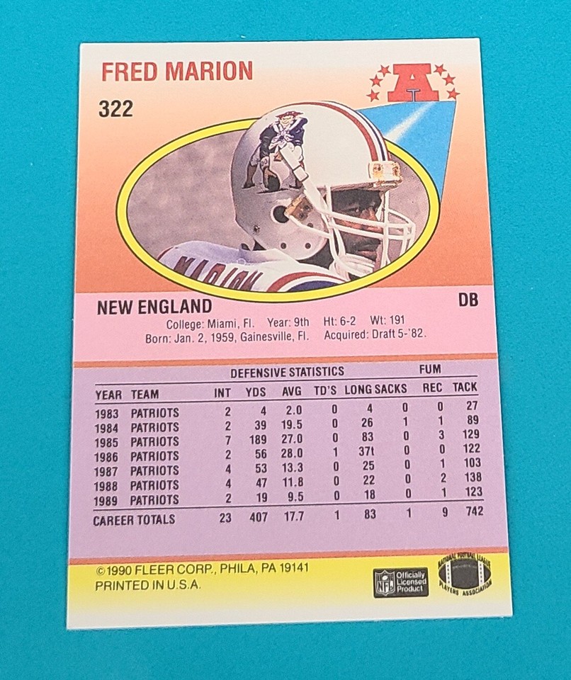 1990 Fleer #322 Fred Marion New England Patriots Football Card I6 | eBay