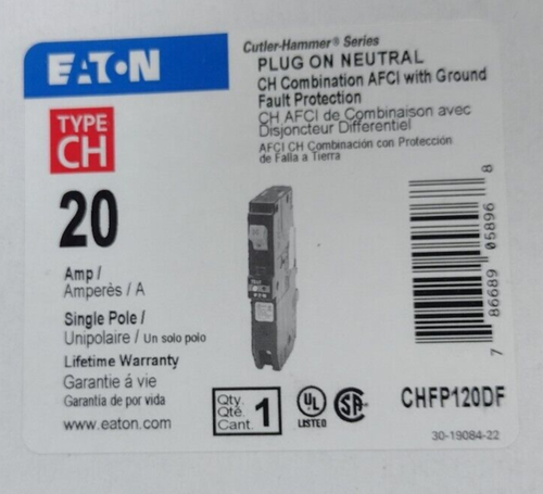 EATON CHFP120DF CIRCUIT BREAKER 20 AMP 120/240 VOLT 1-POLE AFCI/GFCI ...