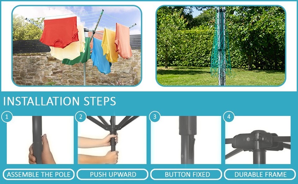 ROTARY AIRER 4 ARM 50M OUTDOOR CLOTHES GARDEN WASHING LINE DRYER SPIKE ...