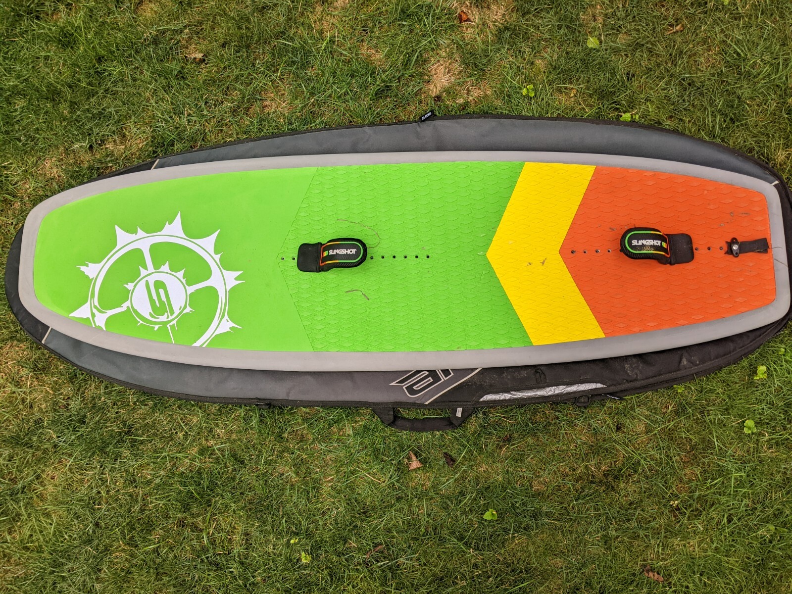 Slingshot Simulator Soft Top Foil board with J hook straps and Padded Bag.