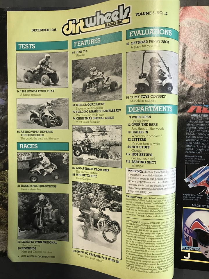 DIRT WHEELS MAGAZINE-DECEMBER 1985-HONDA '86 4 TRAX/PLATO DAVIS-RTW/JOE ...