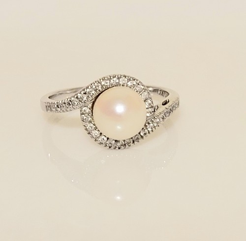 14K White Gold Pearl & Diamond Halo Ring Size 7 – 3g – Stamped 14K EMA ...