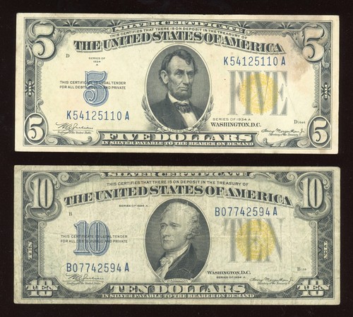 Set of 1934 $10 & $5 Silver Certificate Yellow Seal North Africa ...