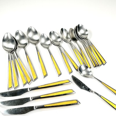 Vtg Retro Stainless FLATWARE 70’s 80's Yellow Melamine Insert COSMOS ...