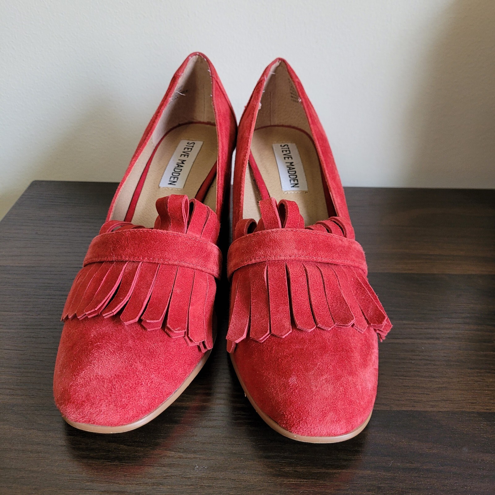 Steve Madden red leather Kate block heels fringe toe … - Gem