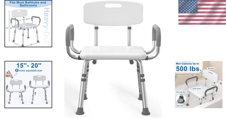 Rust-Resistant Adjustable Bath Chair - 500 lbs Capacity for Seniors and ...