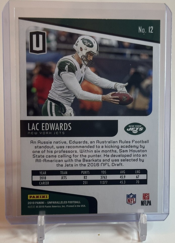 Lac Edwards 2019 Panini Unparalleled Card #12 New York Jets W/Top ...