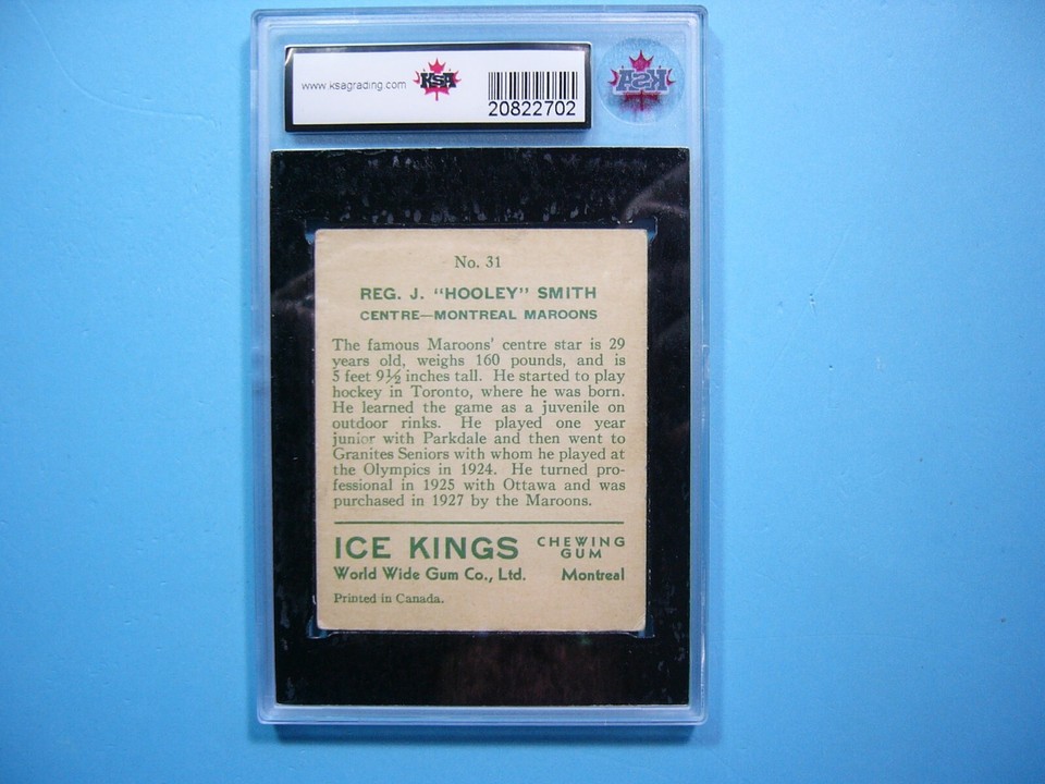 1933/34 WORLD WIDE GUM V357 HOCKEY CARD #31 HOOLEY SMITH KSA 5 EX 33/34 ...