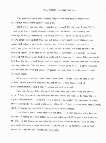 1983 BILL ROTSLER interview typescript about Russ Manning for COMICS ...