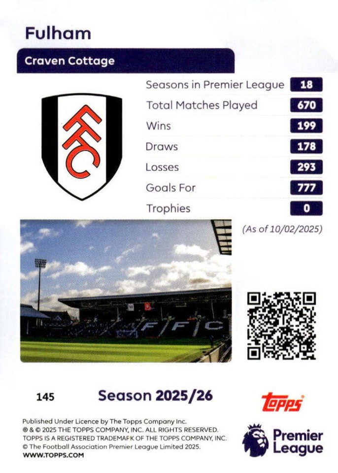 FULHAM TEAM BADGE 2025-26 Topps Premier League #145 Soccer ID:148131 | eBay