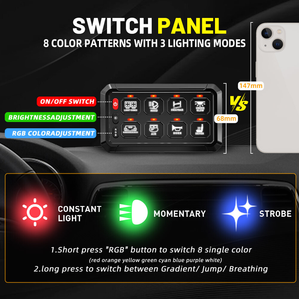 RGB 8 Gang Switch Panel LED Light ON/OFF Relay System Can-Am Maverick ...