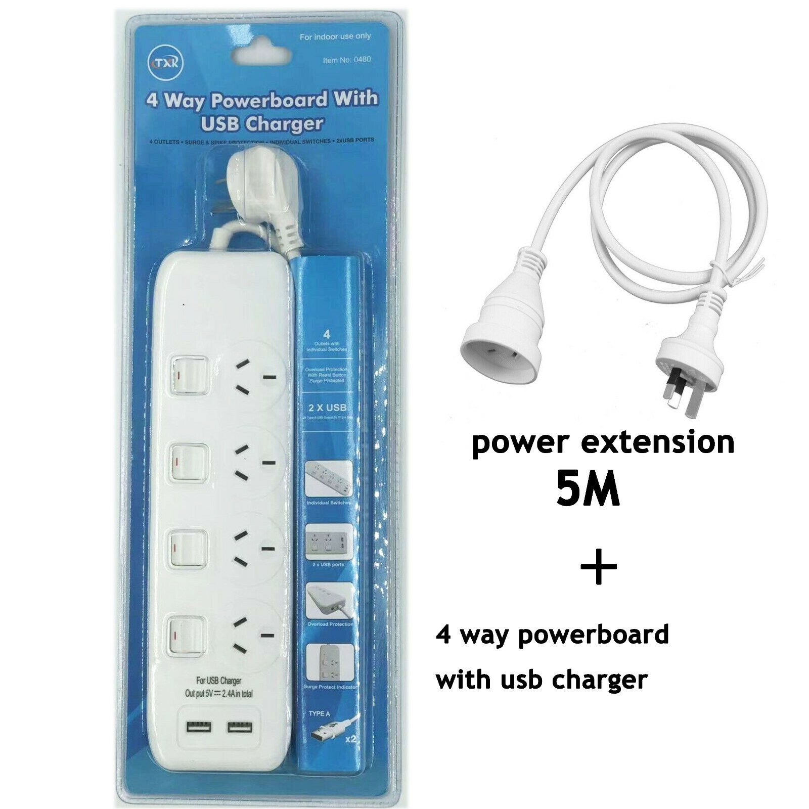 4 or 6 WayUSB Power Board Overload Protector Powerboard with Individual ...