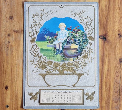1929 FLOWER OF MOOSEHEART WALL CALENDAR KANE CTY ILLINOIS COMPLETE 9.5 ...