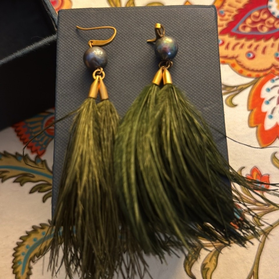 Tory Burch Green Feather Tassel Earrings Needs Repair | eBay UK