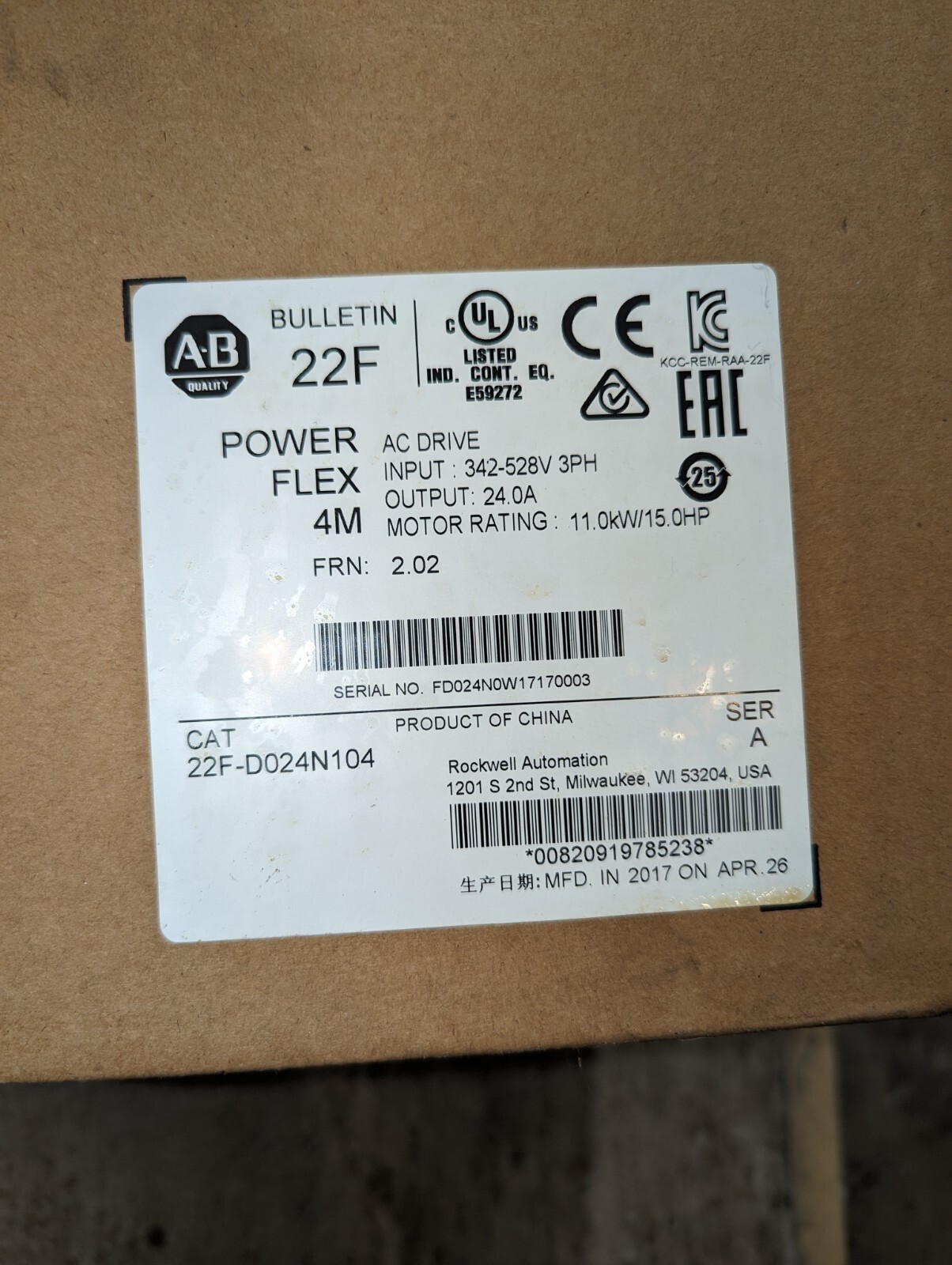 Allen-Bradley 22F-D024N104 480V 15HP Variable Frequency Drive | eBay