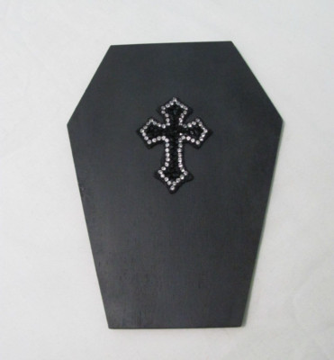 HAND DECORATED THIN FLAT WOODEN BLACK COFFIN SIGN WITH RHINESTONE CROSS ...