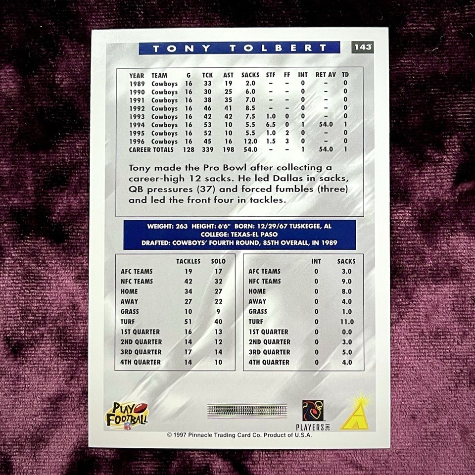 Tony Tolbert 1997 Score Football MINT UTEP Paydirt Legends Dallas ...