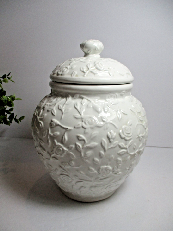 HOME TM Brand White Ceramic Flour/Sugar Canister embossed with white ...