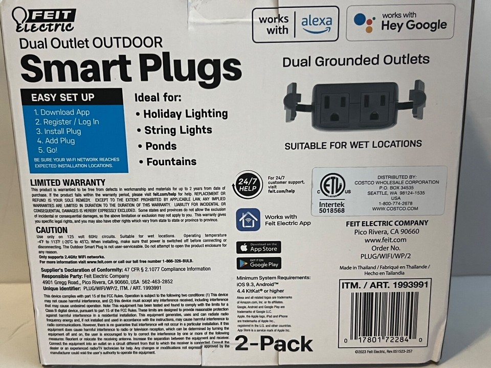 Feit Electric Triple Outlet Outdoor WiFi Smart Plugs 2 Pack. open box ...