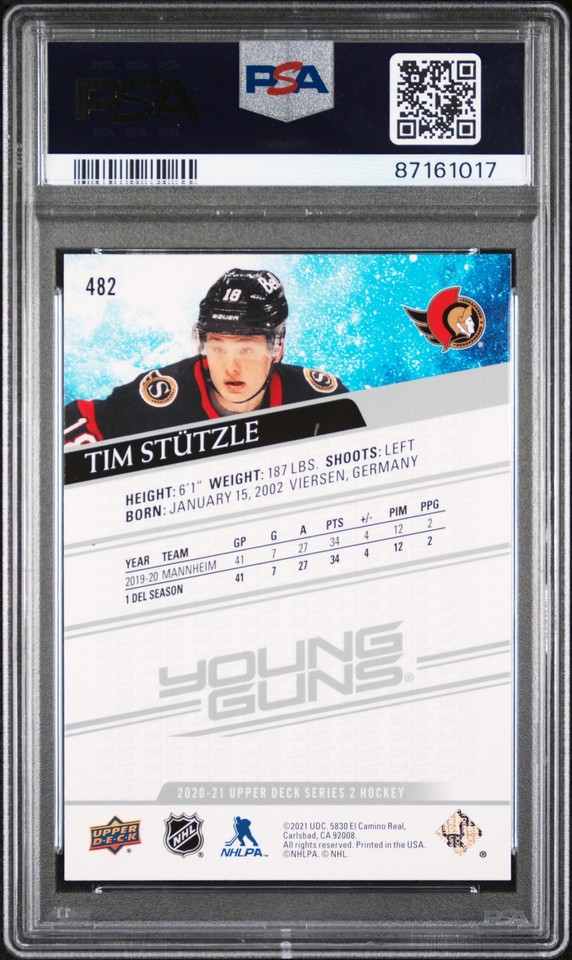 Tim Stutzle 2020 Upper Deck Young Guns RC #482 Senators Rookie - PSA 9 ...