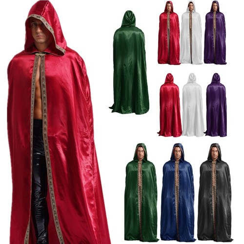 Mens Hooded Cloak Cape Renaissance Roman Robe Halloween Wizard Cosplay ...