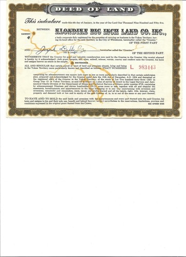 1955 Klondike Big Inch Land Deed Co | Dawson Yukon Territory | SIGNED ...