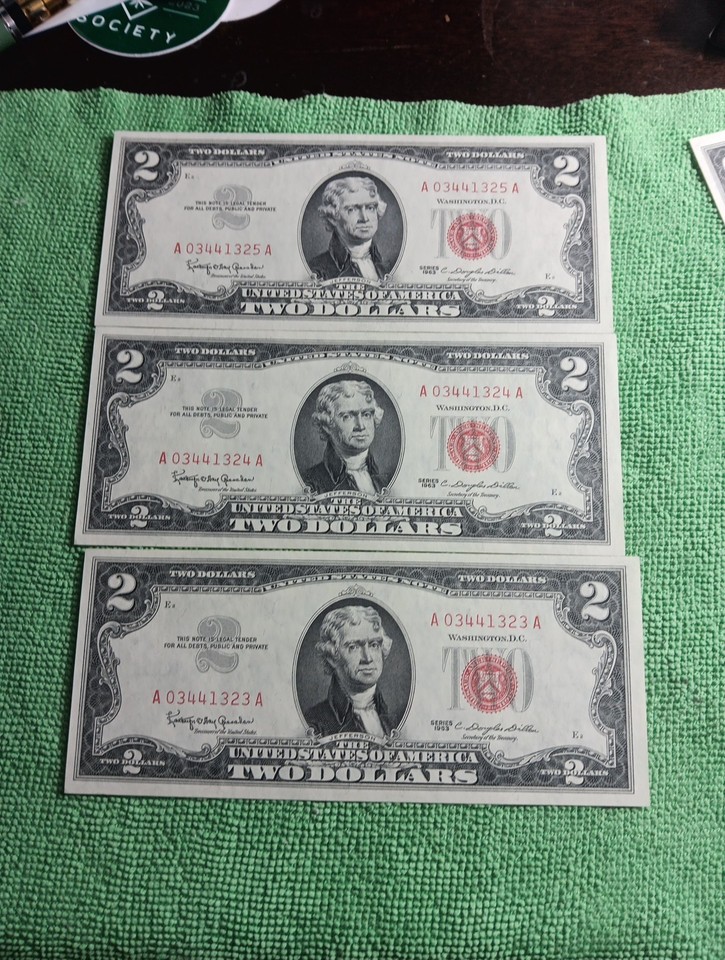 Lot Of 3 1963 $2 Dollar Bills Consecutive Fancy Serial Number 12345 ...