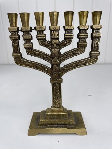 Vtg Brass Hanukkah Jewish Menorah Hen Holon Israel Candlestick Holder 6 ...