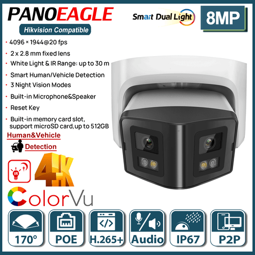 HIK Compatible 4K 8MP 170° Panoramic IR Full Color IP Camera Dual lens ...