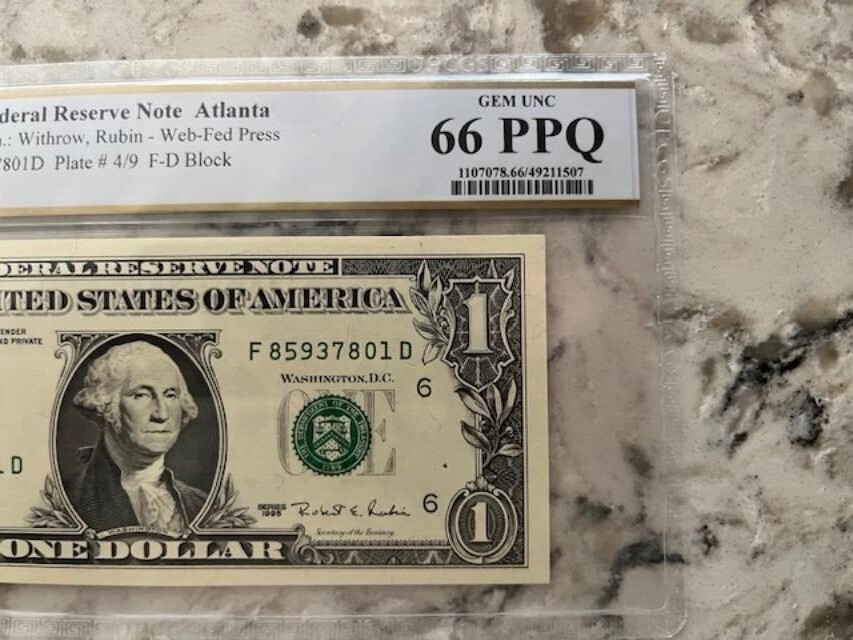 1995 $1 FEDERAL RESERVE WEB NOTE ATLANTA FR.1923-F FD BLOCK PCGS GEM 66 ...