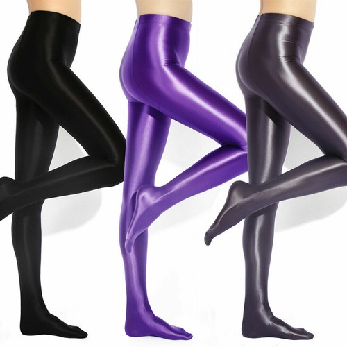 Women SHINY LIQUID WET LOOK Footed Tights Satin Glossy Opaque Silky ...