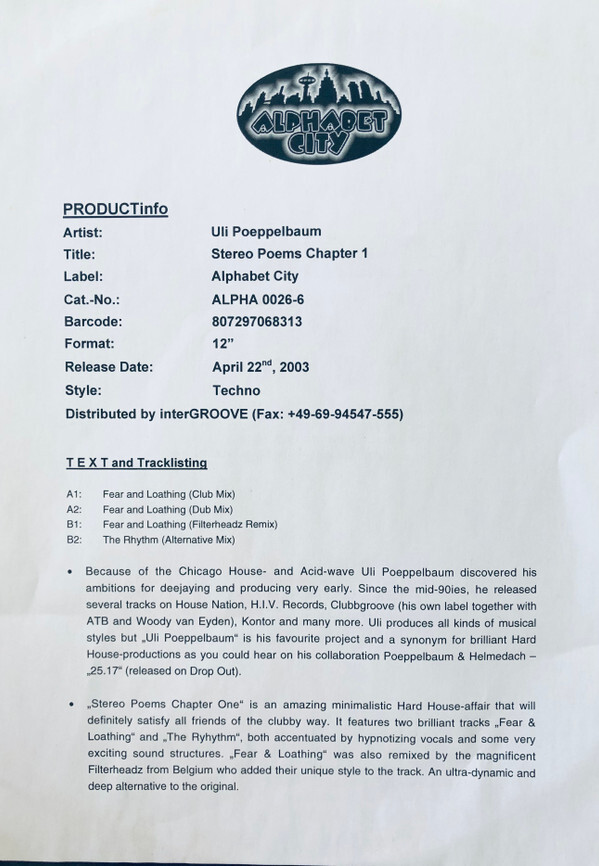 Ulrich Pöppelbaum - Stereo Poems Chapter One (12", Promo, Sti) (Very ...