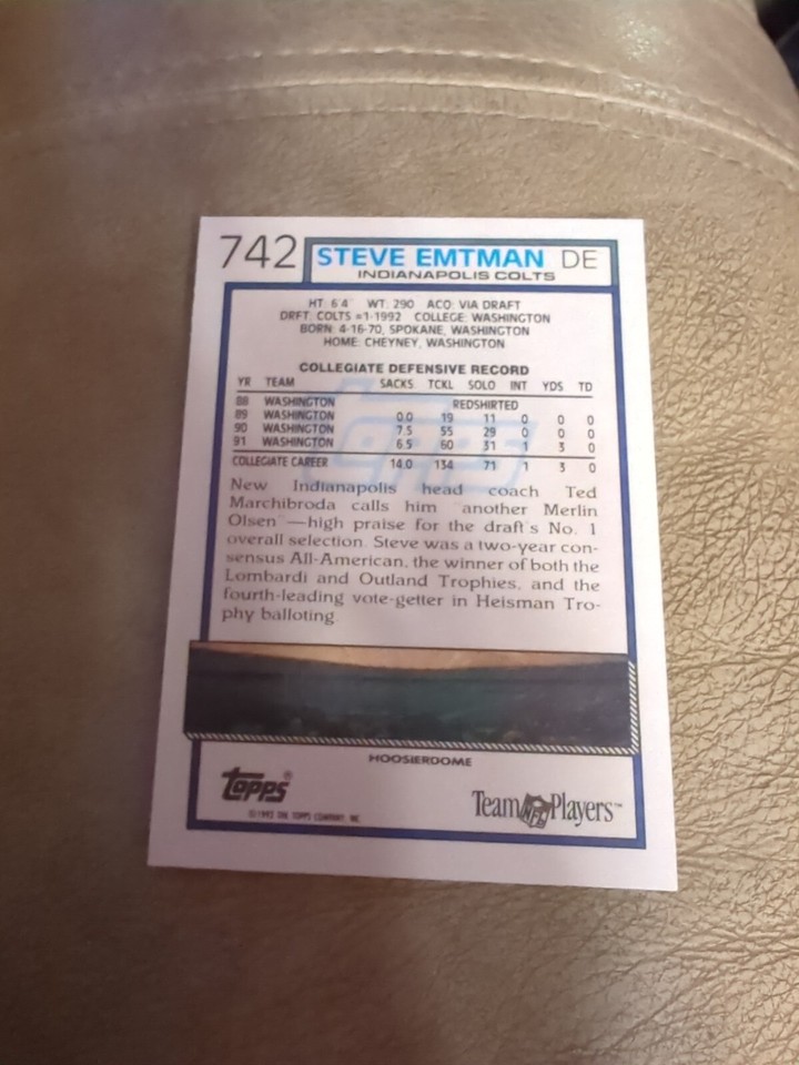 Steve Emtman RC Rookie 1992 Topps #742 Indianapolis Colts Football Card ...