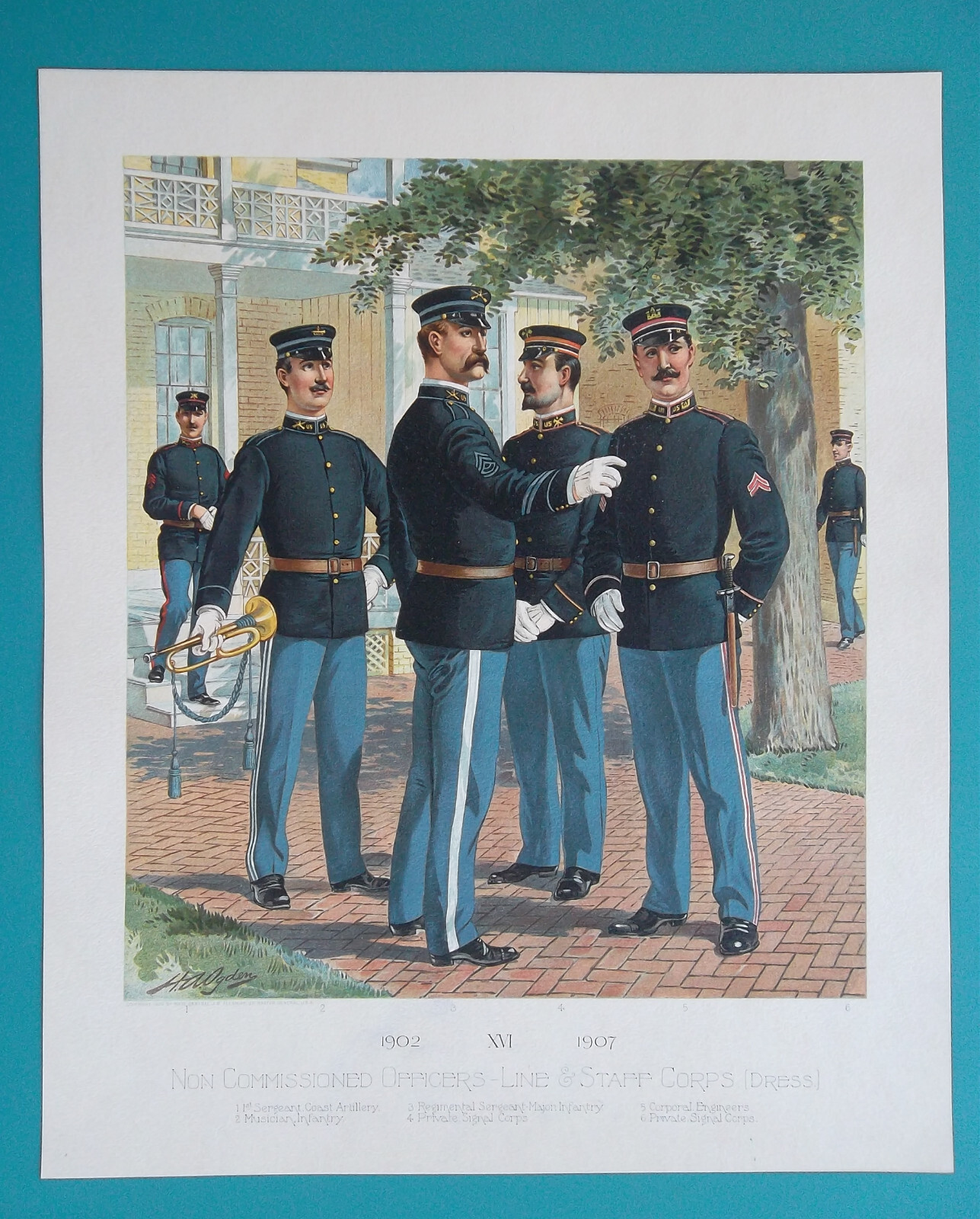 US ARMY UNIFORMS Staff Corps Musician Artillery - 1908 COLOR Print 14 x ...