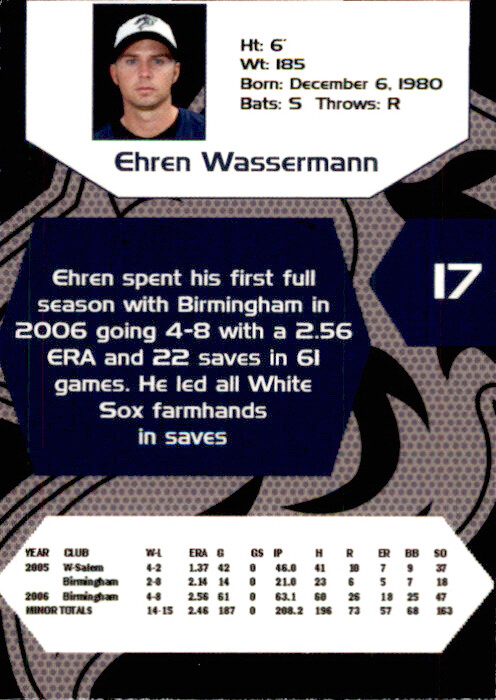 2007 Charlotte Knights Team Issue #27 Ehren Wassermann Sylacauga ...