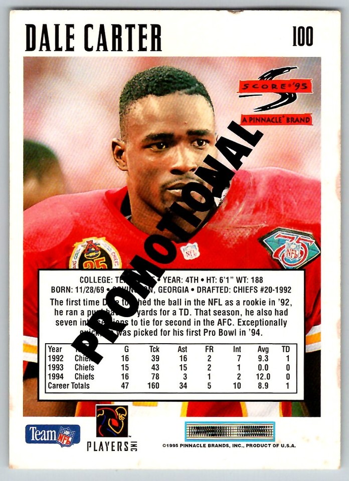 1995 SCORE DALE CARTER KANSAS CITY CHIEFS #100 | eBay