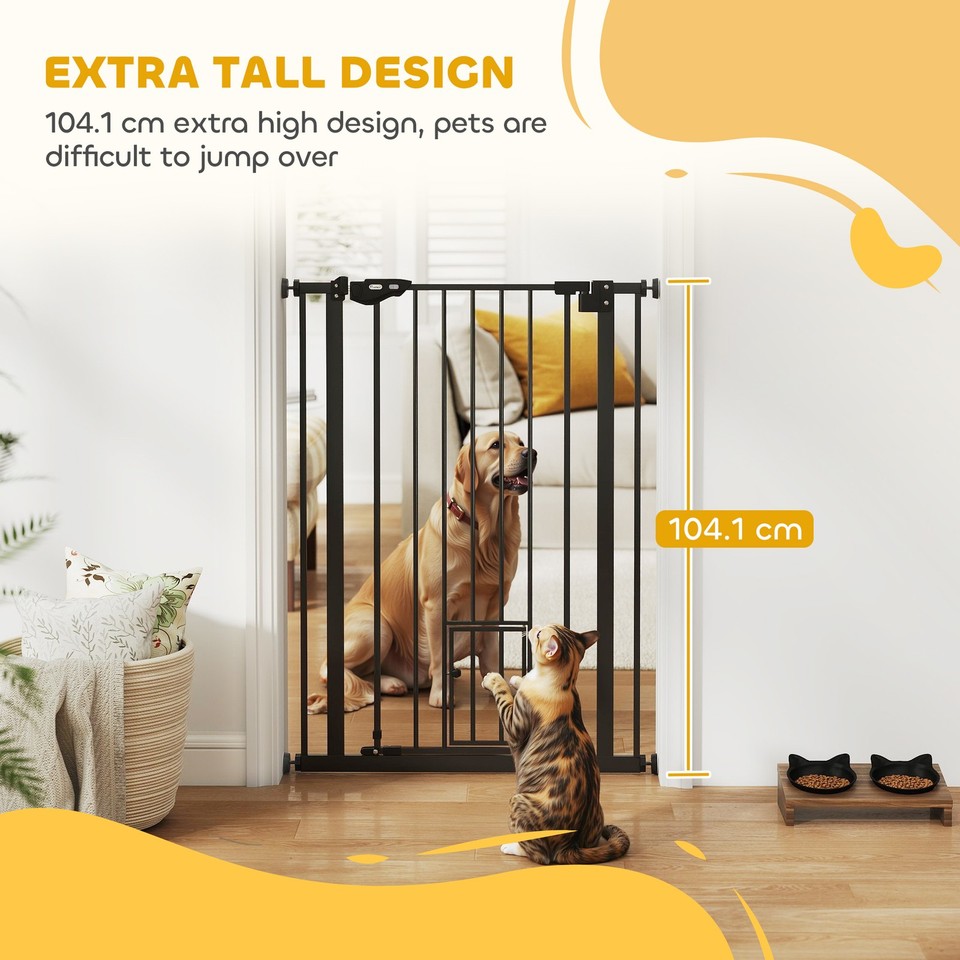 PawHut Extra Tall Dog Gate with Cat Door Auto Close for Stairs 74-80 cm ...