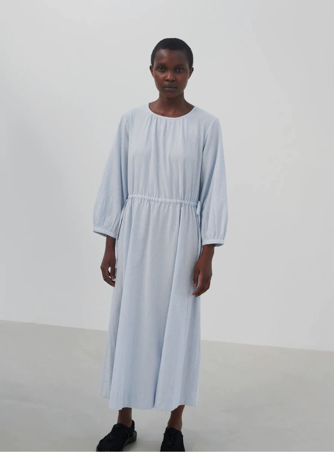 Skall Studio Lucca Dress Light Blue White Striped Printed Maxi Cotton ...
