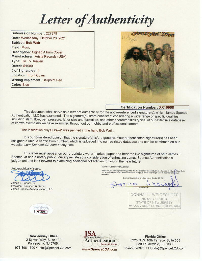 BOB WEIR SIGNED AUTOGRAPH ALBUM VINYL RECORD GRATEFUL DEAD - GO TO ...