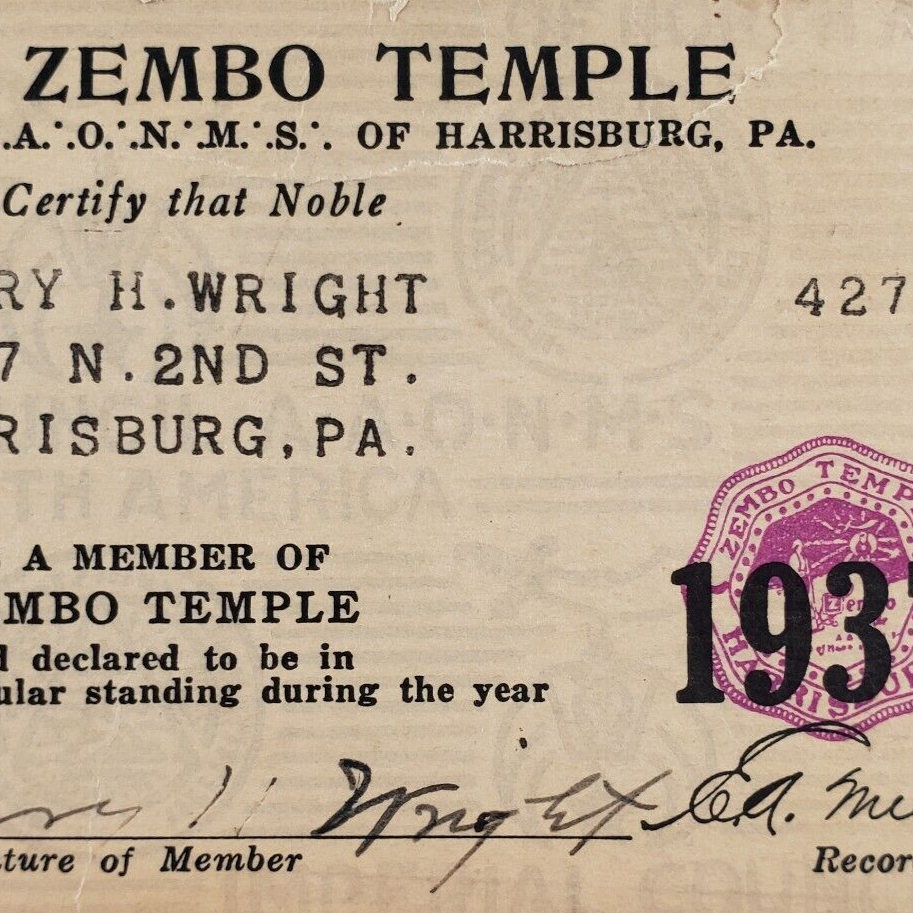 Zembo Temple Harrisburg Membership Card 1930s Vintage Masonic ...