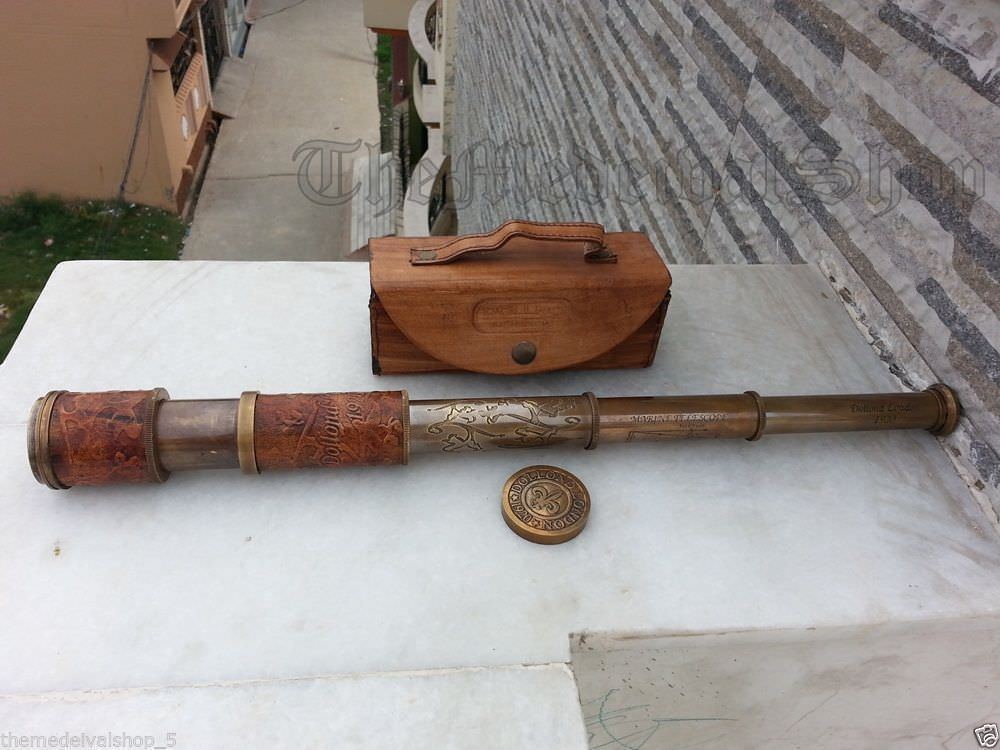 ANTIQUE BRASS TELESCOPE MARINE NAUTICAL LEATHER PIRATE SPYGLASS VINTAGE ...