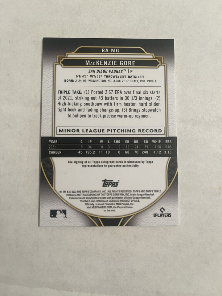 2022 Topps Triple Threads MACKENZIE GORE RC Autograph /50 #RA-MG | eBay
