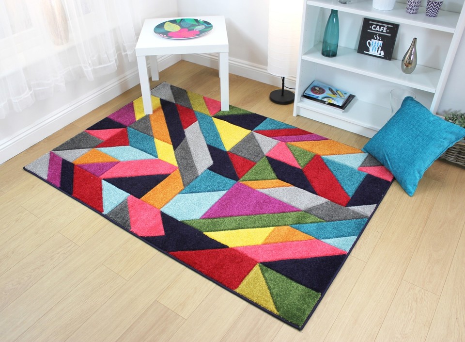 SMALL LARGE VIBRANT FUNKY MULTI COLOURED GEOMETRIC SOFT PILE MODERN ...