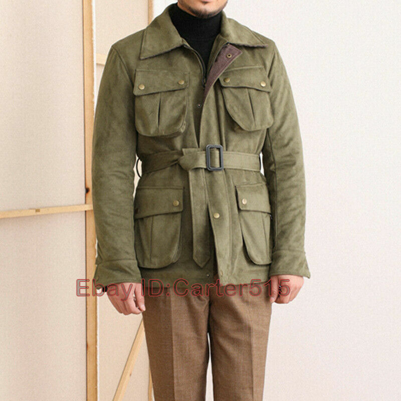 Men's Suedette Safari Jacket Winter Warm Cotton Hunting Coat Pockets ...